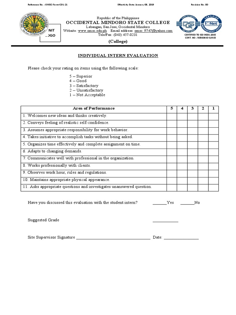 OMSC Form COL 21 Individual Intern Evaluation | PDF | Career & Growth ...