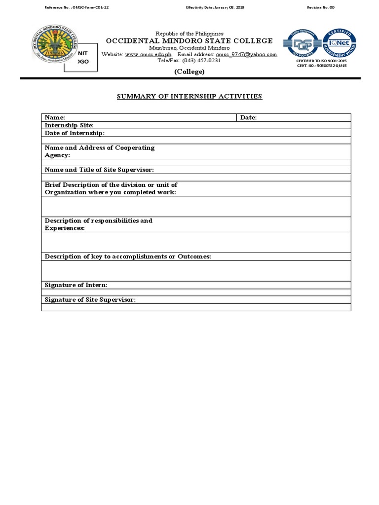 OMSC-Form-COL-22-Summary-of-Internship-Activities(1) | PDF