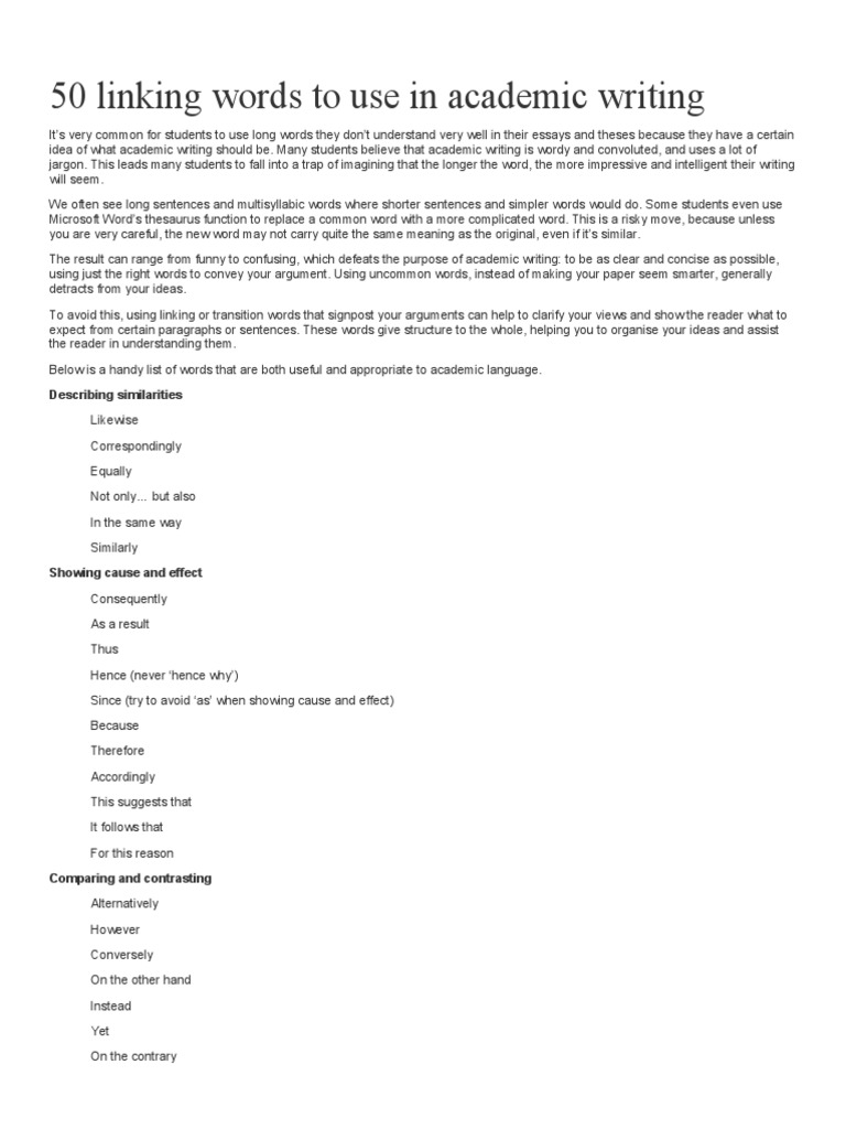 Essential Linking Words for Academic Writing | PDF | Human ...