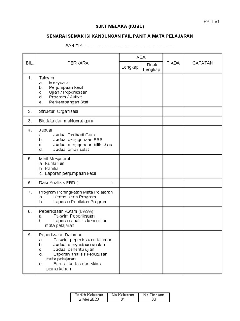 Borang Senarai Semak Kandungan Fail Panitia | PDF