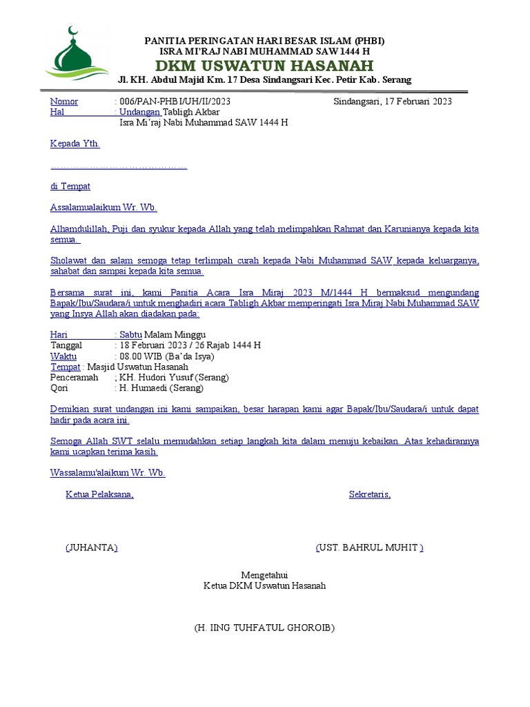 Contoh Surat Undangan Isra Miraj 2023 | PDF