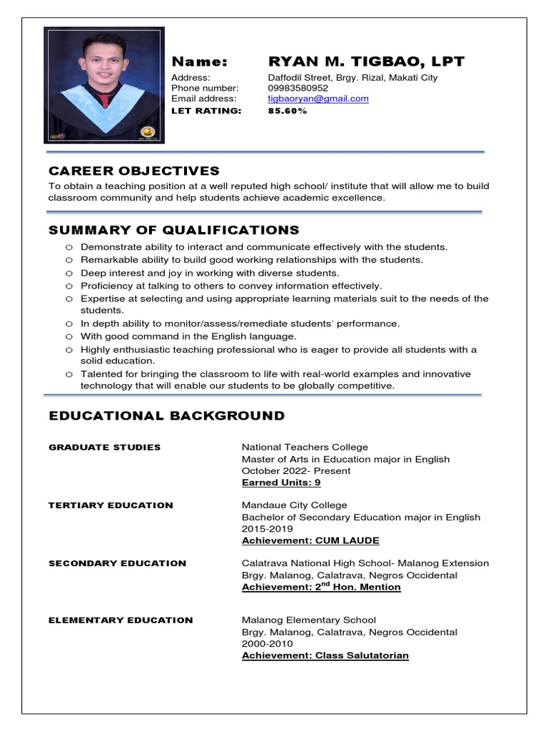 RESUME - Ryan M. Tigbao | PDF | Teachers | Primary Education