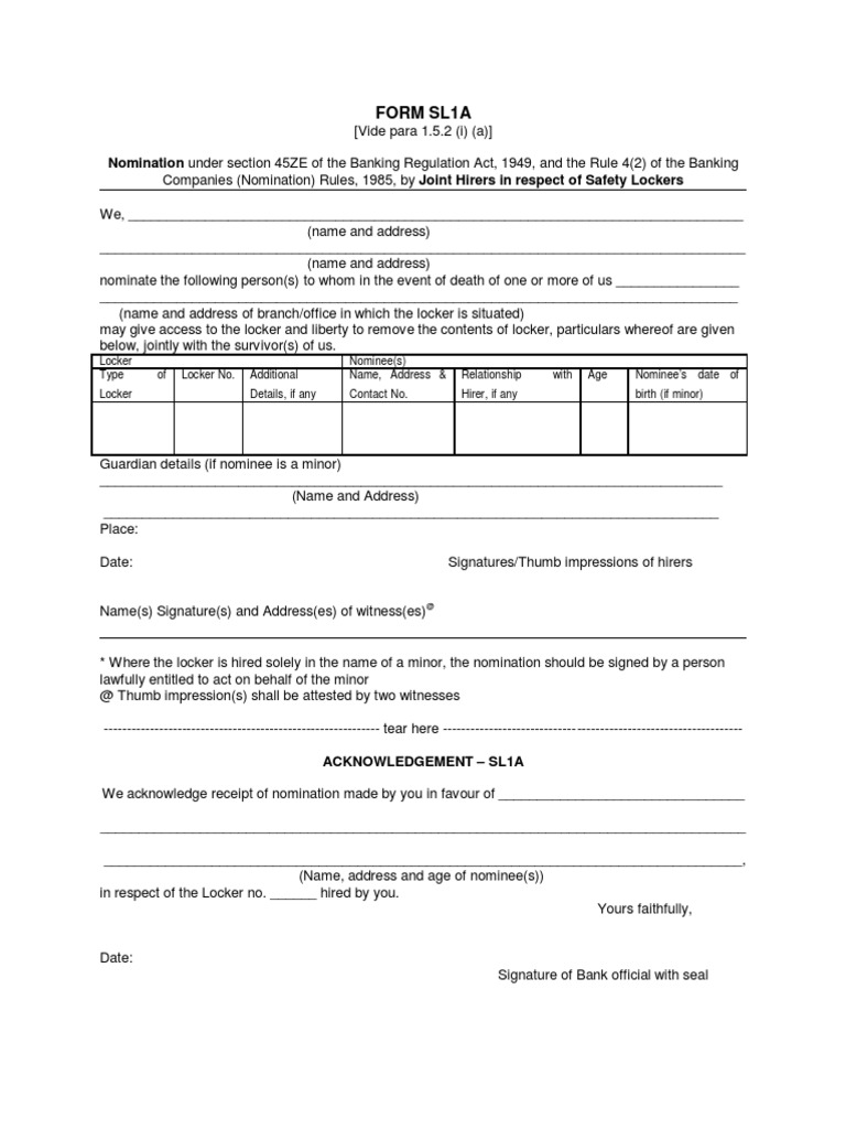 HDFC LOCKER NOMINATION FORM SL1A Blank | PDF