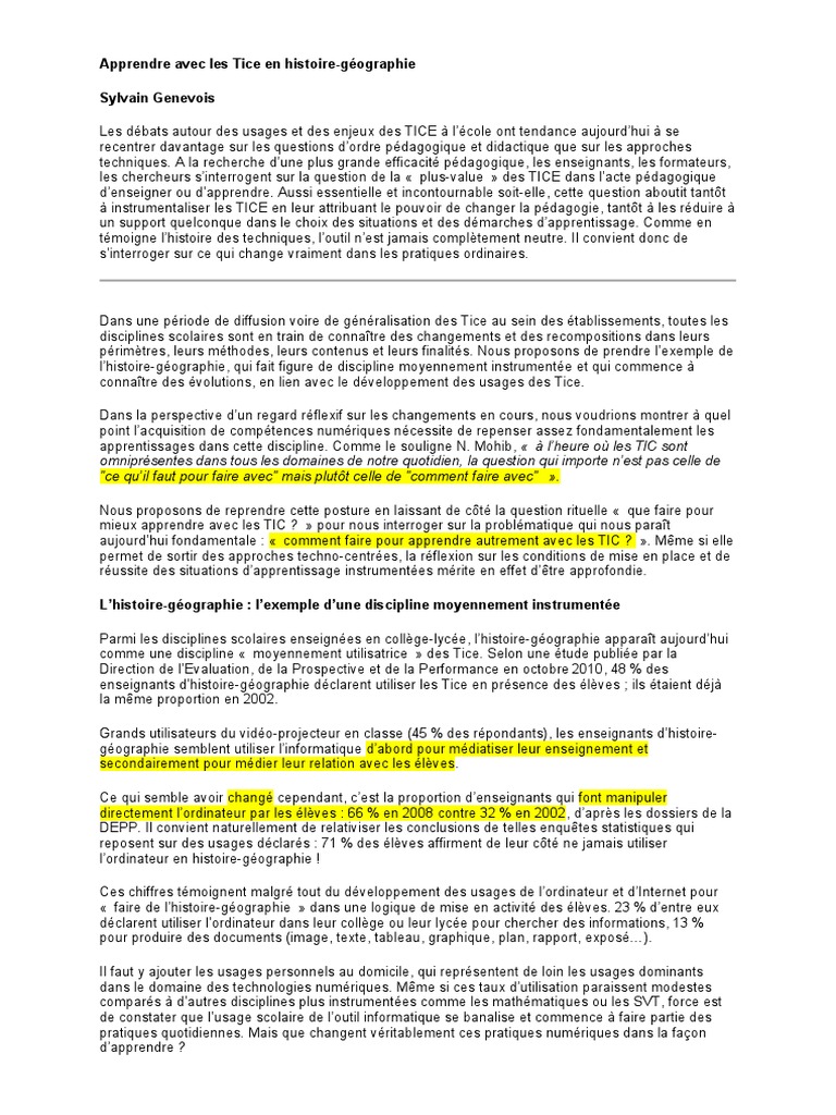 Tice Et Histoire Geo | PDF | Apprentissage | Géographie