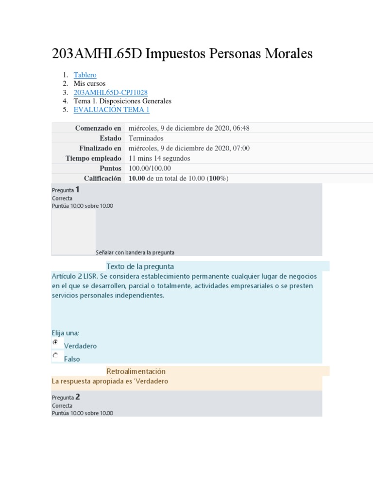 203AMHL65D Impuestos Personas Morales - Examen | PDF | Impuesto sobre la renta | Economias