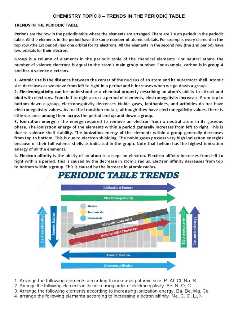 CHEMISTRY TOPIC 3 Trends | Download Free PDF | Periodic Table | Atoms