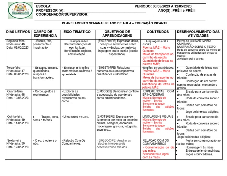 Planejamento Semanal Pré I e II | PDF
