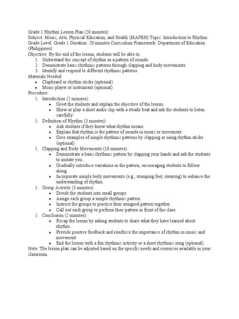 Grade 1 Rhythm Lesson Plan Pdf