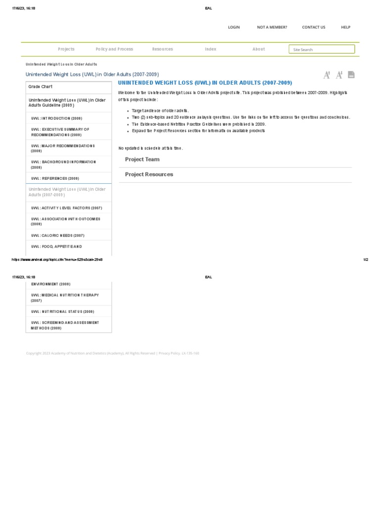 Eal Unintended Weight Loss (Uwl) in Older Adults (2007-2009) | PDF