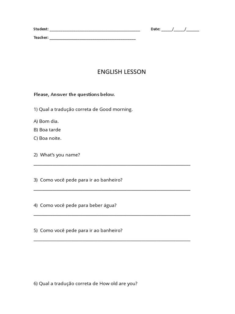 Exercício de Inglês - AULA 1 | PDF