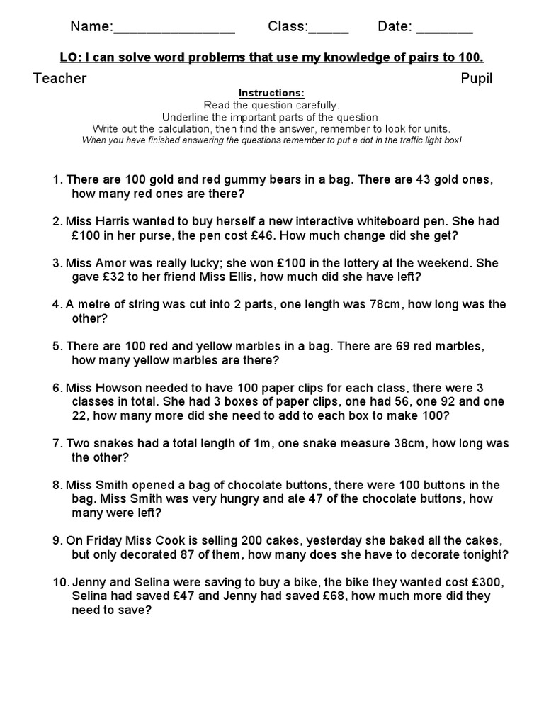 Pairs 100 Word Problems | PDF | Home & Garden