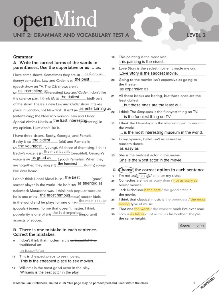 Openmind 2 Unit 2 Grammar and Vocabulary Test A | PDF