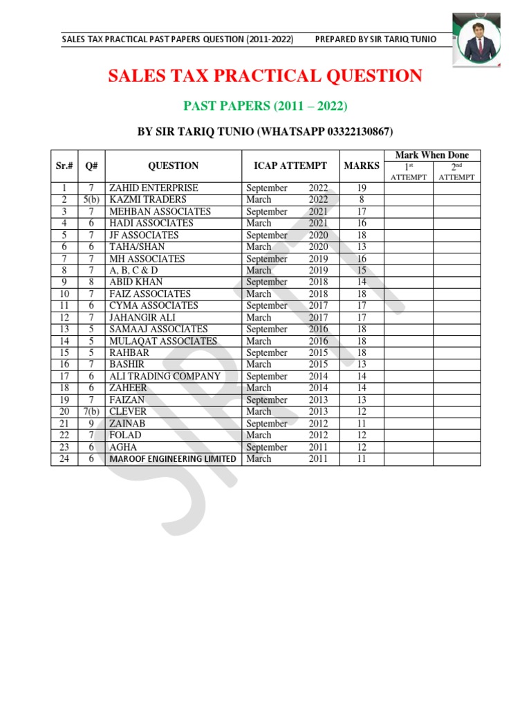 Sales Tax Past Papers - Practical Questions - 2011 To 2022 | PDF ...