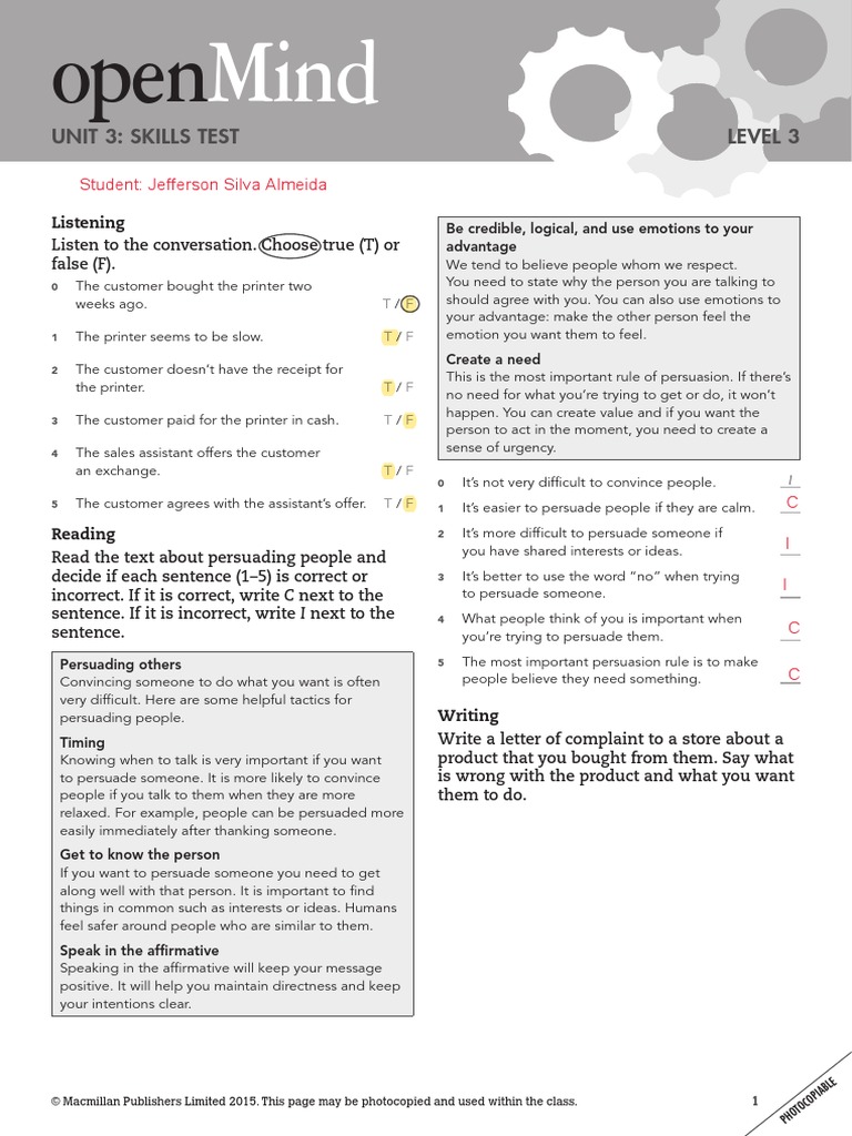 OpenMind 3 Unit 3 Skills Test | PDF | Persuasion | Cognition