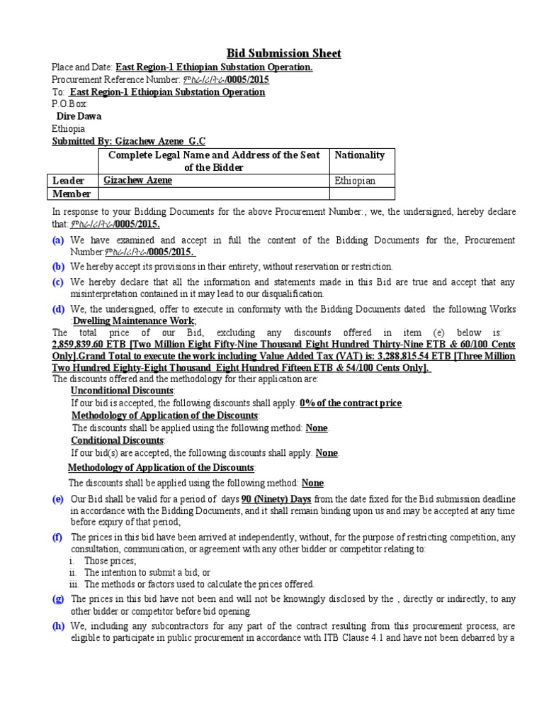 Bid Submission Sheet | Download Free PDF | Bankruptcy | Procurement