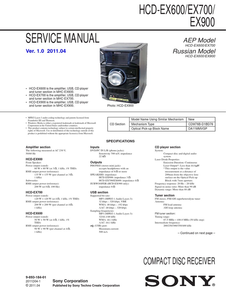 Sony Hcd-Ex600 Ex700 Ex900 Ver.1.0 | PDF | Soldering | Frequency Modulation