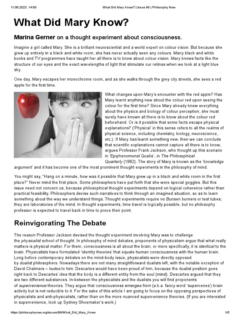 What Did Mary Know - Issue 99 - Philosophy Now | PDF | Experience | Concept What Did Mary Know - Issue 99 - Philosophy Now | PDF | Experience | Concept