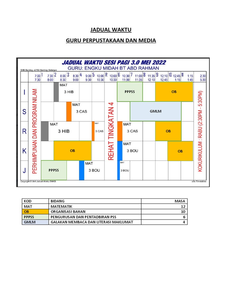 Jadual Waktu Guru Perpustakaan | PDF
