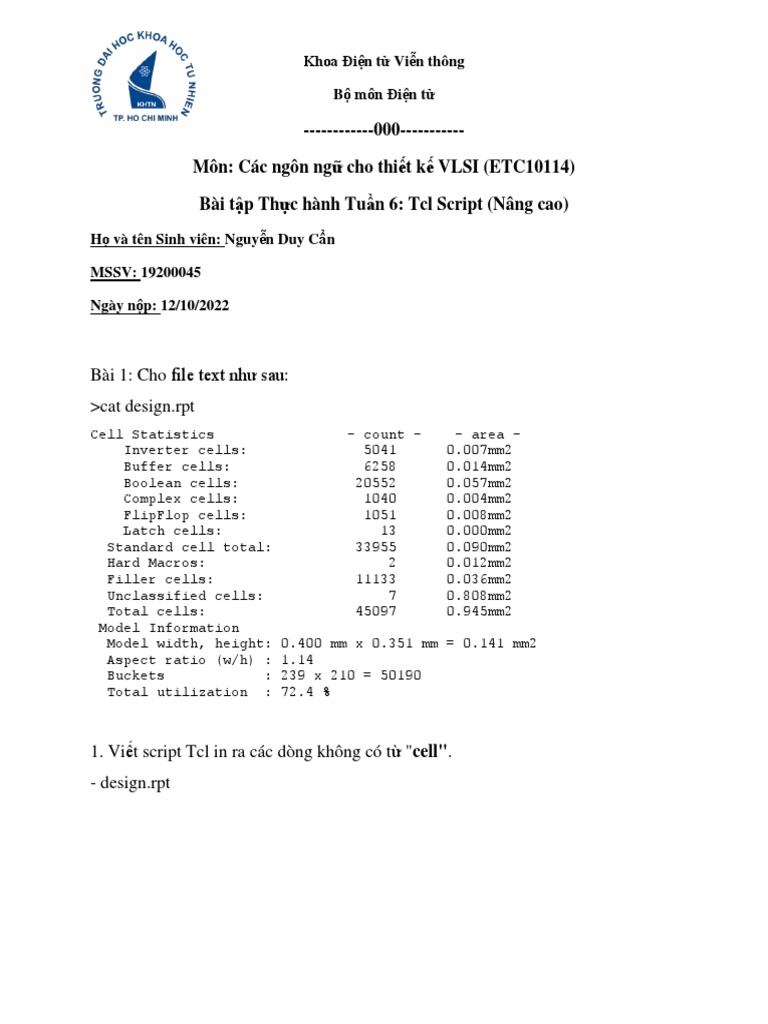 Bài tập Tcl script week6 - Nguyễn Duy Cẩn - 19200045 | PDF
