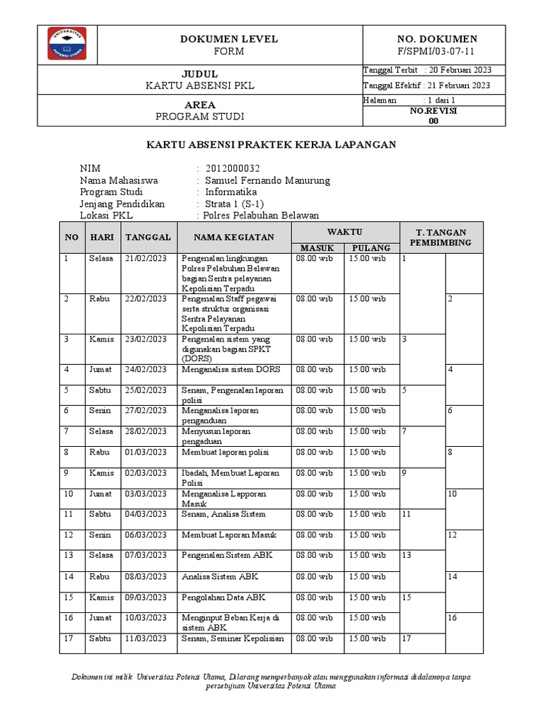 Kartu Absensi PKL | PDF