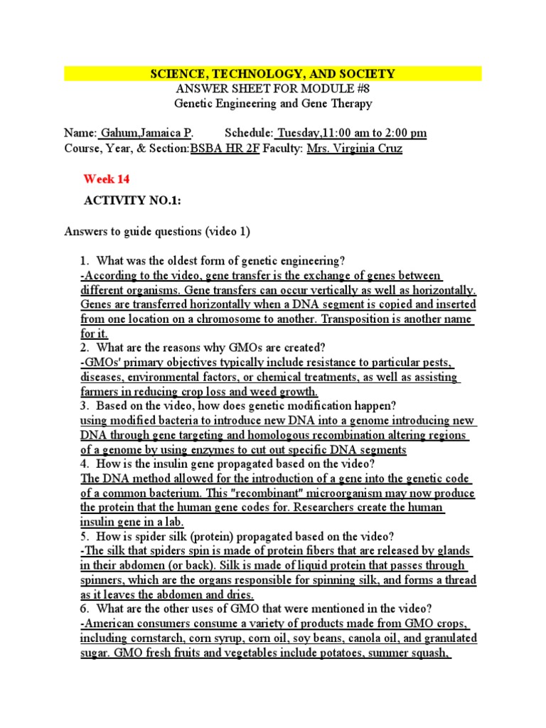 GAHUM, JAMAICA P. STS - Module8 - Answer Sheet | PDF | Genetic Engineering | Genetically ...