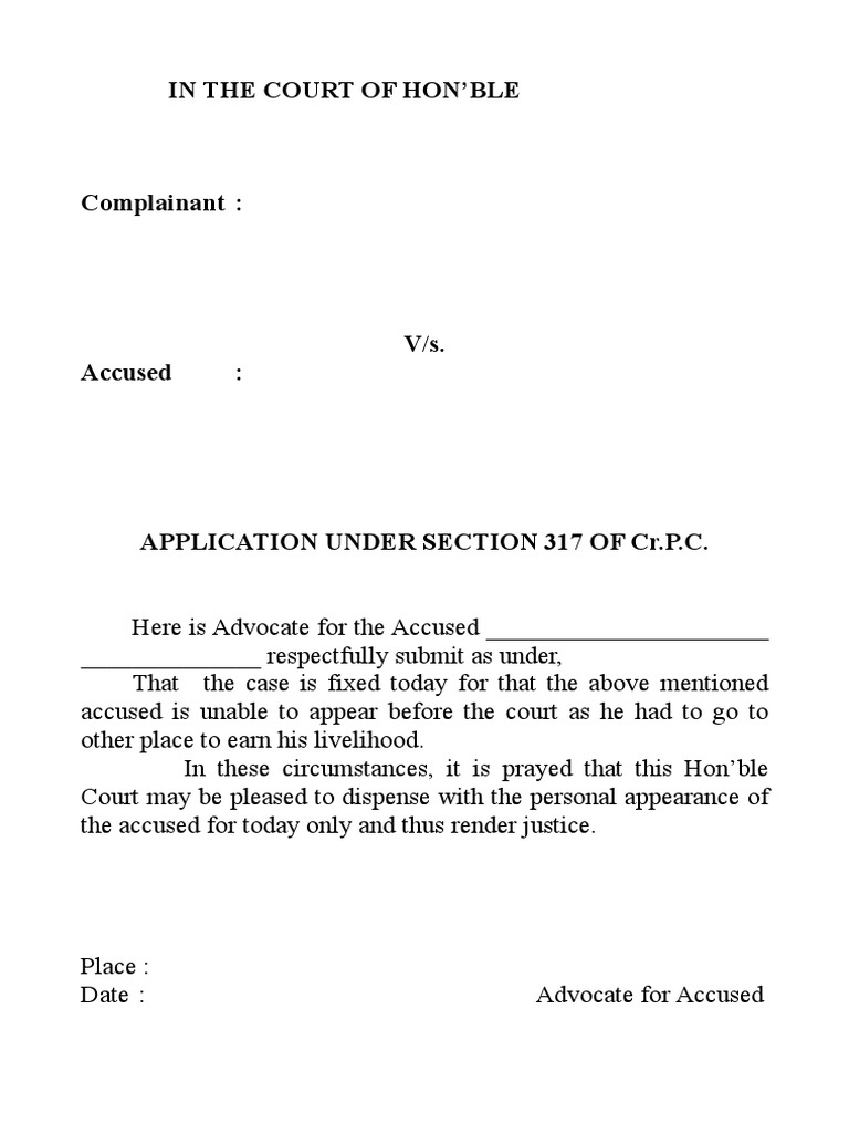 SECTION 317 Exemption APPLICATION UNDER SECTION 317 OF Cr.P.C. | PDF SECTION 317 Exemption APPLICATION UNDER SECTION 317 OF Cr.P.C. | PDF