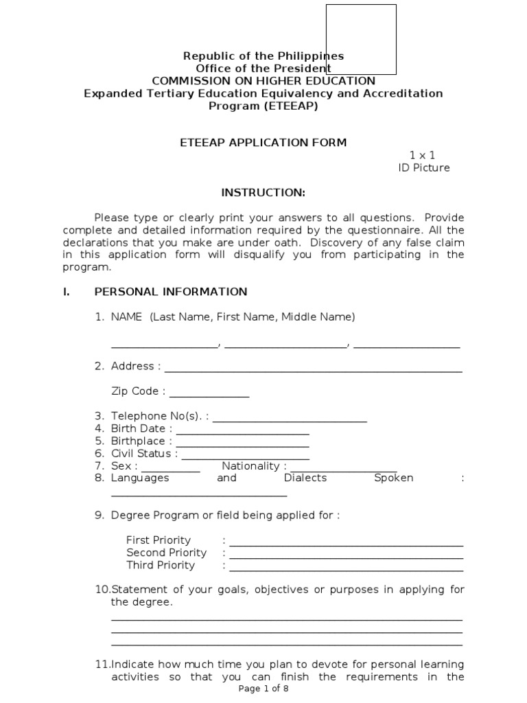 ETEEAP Application Form for Higher Education | PDF | Bachelor Of ...