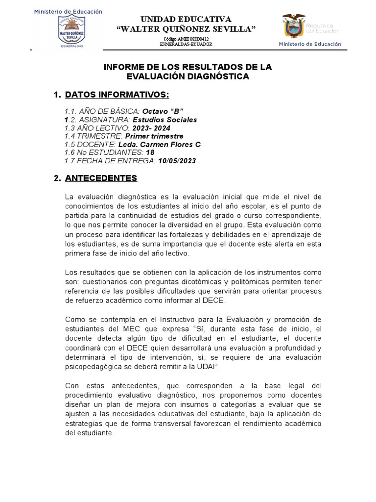 Informe Diagnostico 2023 8vo B | PDF