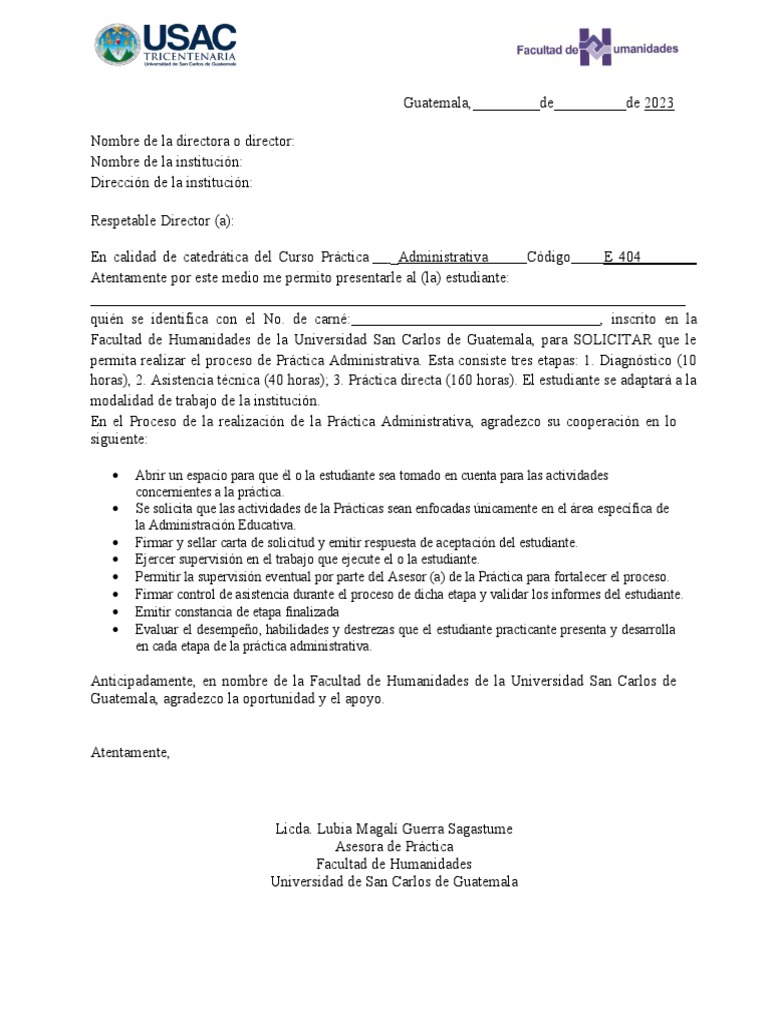 Carta de Solicitud de Práctica | PDF