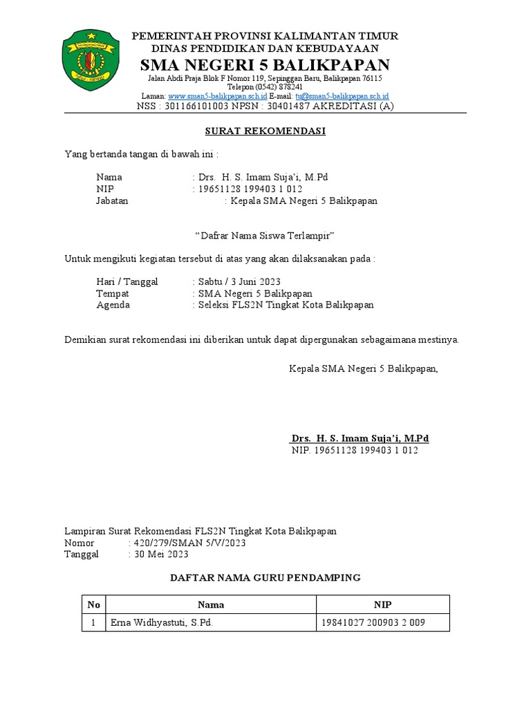 Surat Rekomendasi FLS2N 2023 | PDF