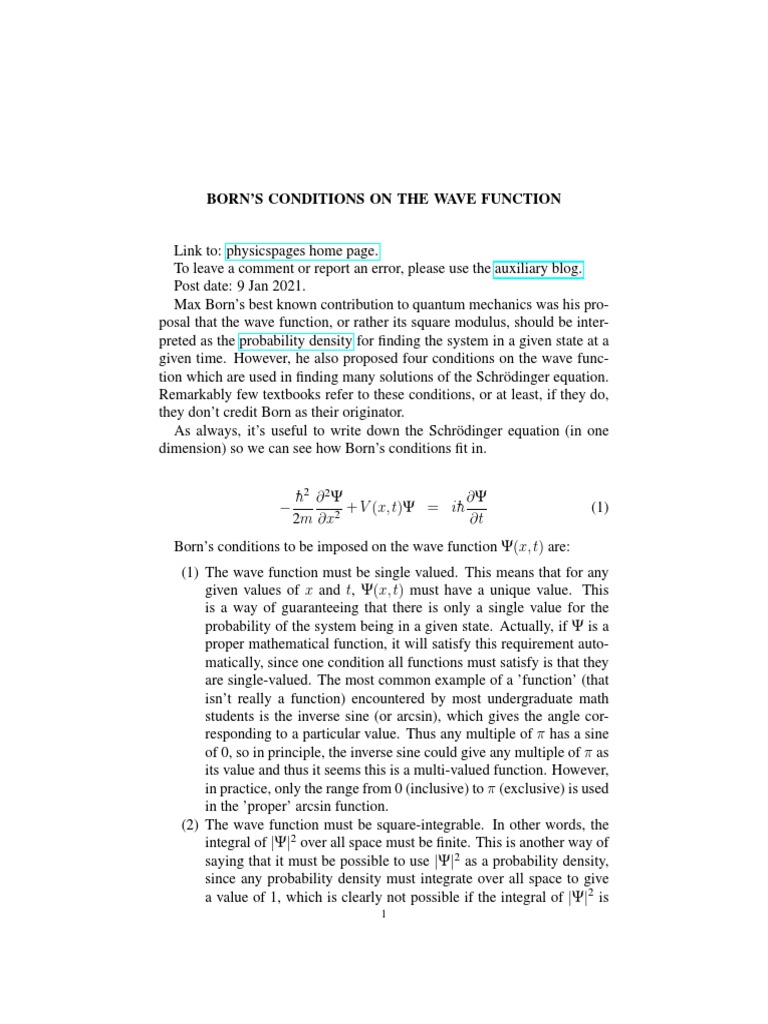 Born's Conditions On The Wave Function | PDF | Wave Function | Waves Born's Conditions On The Wave Function | PDF | Wave Function | Waves