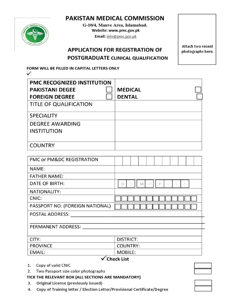 PMC Postgraduate Registration Application | PDF