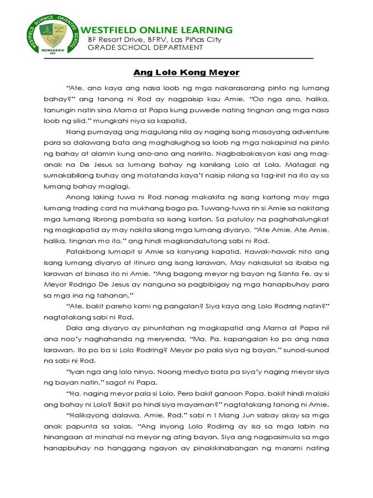 4th Quarter. FILIPINO 4 - Ang Lolo Kong Meyor | PDF