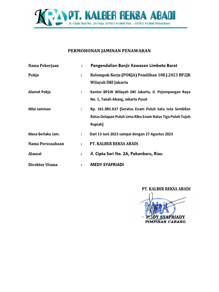 Permohonan Jaminan PT Kalber Reksa Abadi | PDF