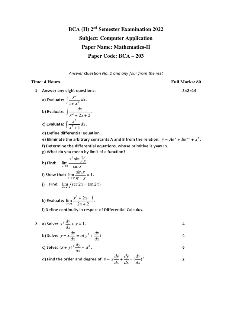 Bca 203 2022 27072022 | PDF | Limit (Mathematics) | Integral