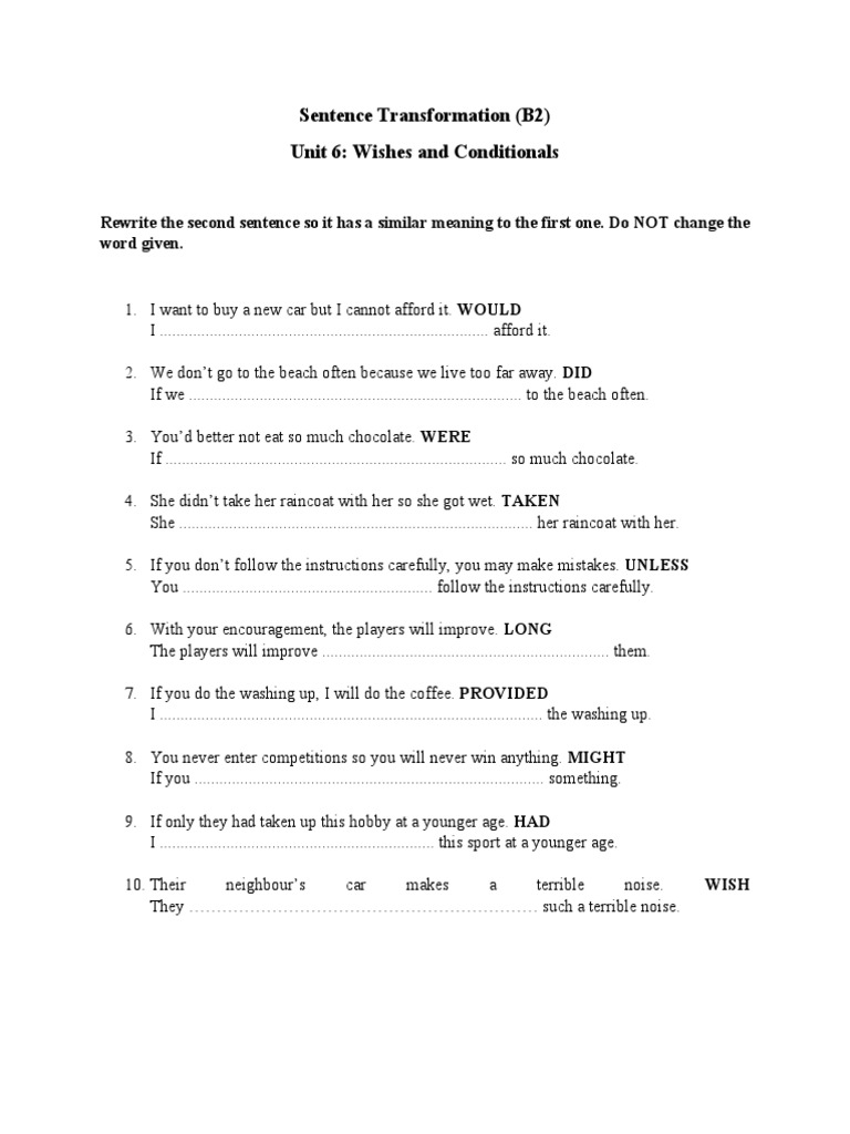 Sentence Transformation - Conditionals Wishes B2 | PDF