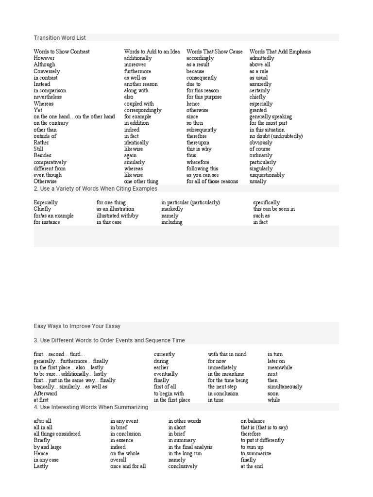 Transition Word List | PDF | Language Arts & Discipline