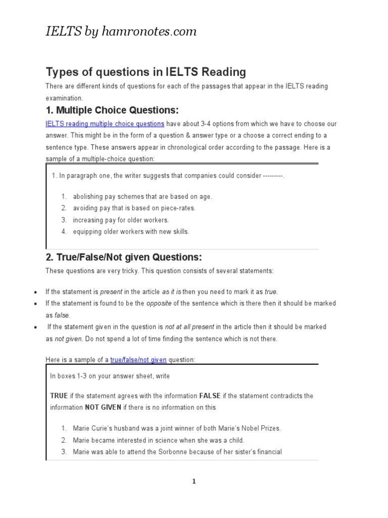 Types of Questions in IELTS Reading | PDF | Multiple Choice | Question