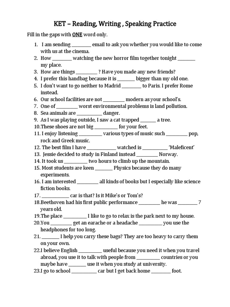 KET Speaking Writing Reading FILL IN THE GAPS | PDF