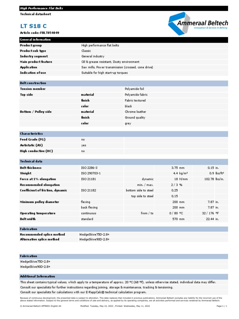 Datasheet FBLT054049 en US | PDF | Belt (Mechanical) | Materials