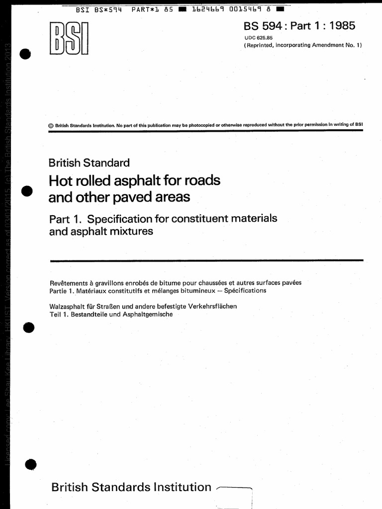 (BS 594-1 - 1985) - Hot Rolled Asphalt For Roads and Other Paved Areas ...