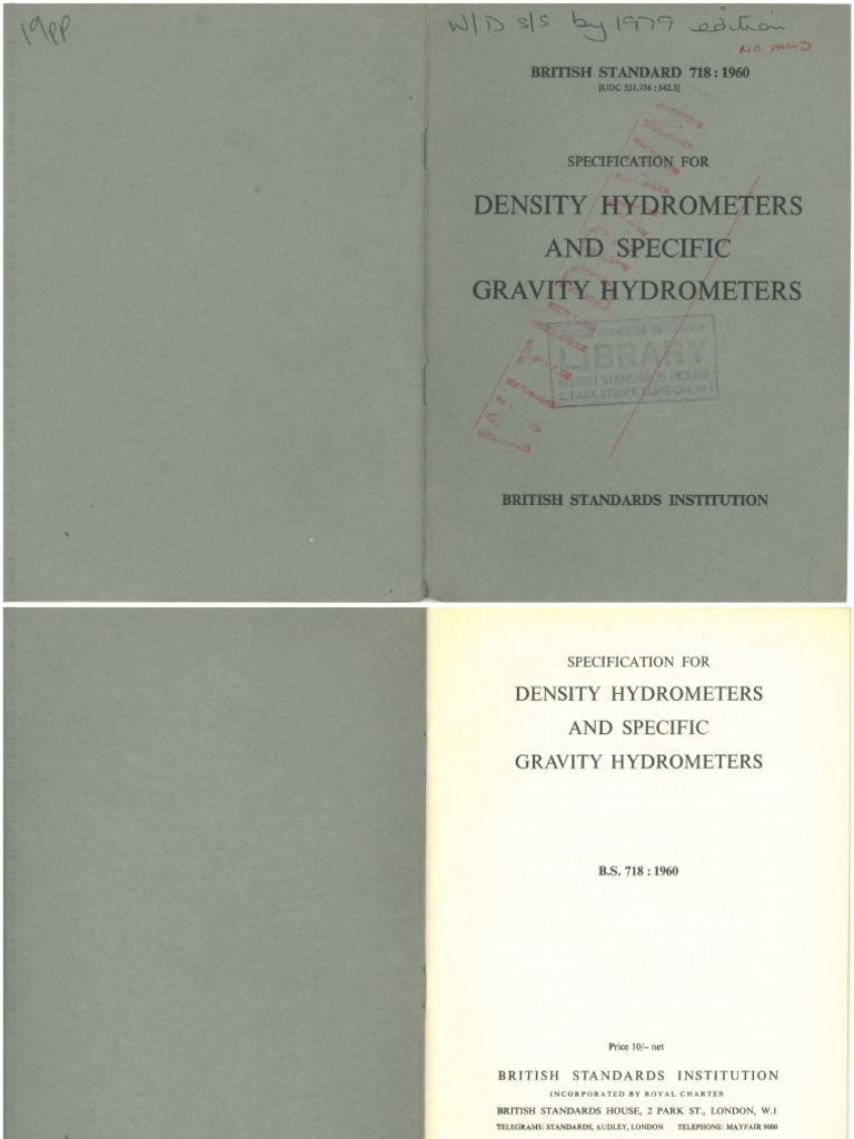 (BS 718 - 1960) - Specification For Density Hydrometers and Specific Gravity Hydrometers. | PDF