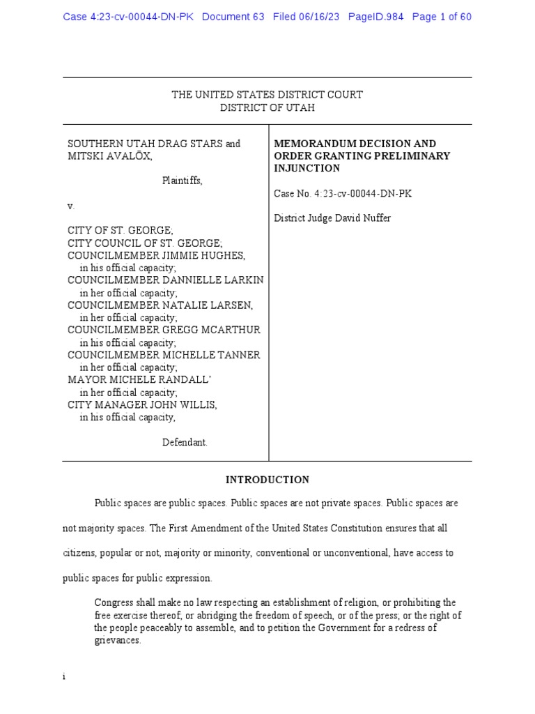 Preliminary Injunction in Drag Show Case | PDF | Injunction | First ...