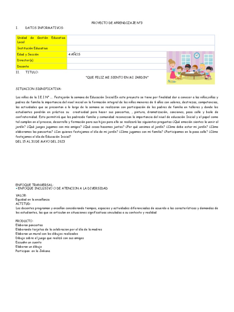 Proyecto de Aprendizaje #3 La Familia | PDF | Educación de la primera ...