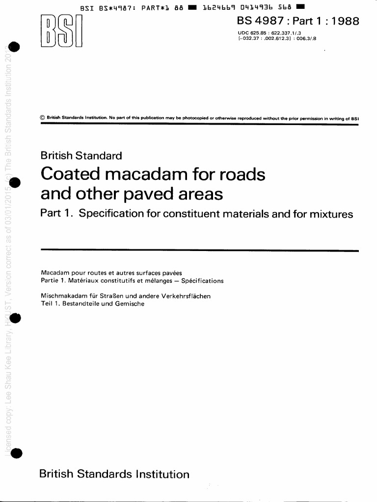 (BS 4987-1 - 1988) - Coated Macadam For Roads and Other Paved Areas ...