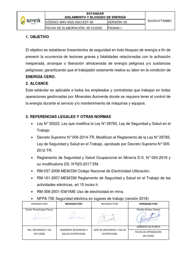 Mav-Sgs-Sso-Est-06 Estandar Aislamiento y Bloqueo de Energía | PDF | Seguridad y salud ocupacional