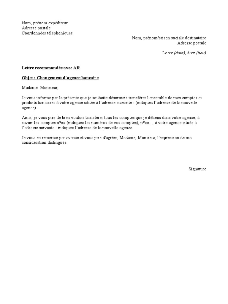 Modele Lettre Demande de Transfert de Compte Bancaire Bancaire | PDF