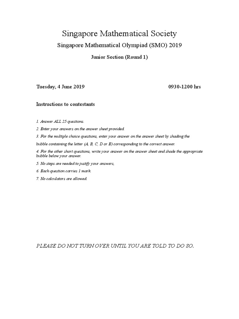 SMO Junior 2019 (Round 1) | PDF | Numbers | Mathematical Concepts