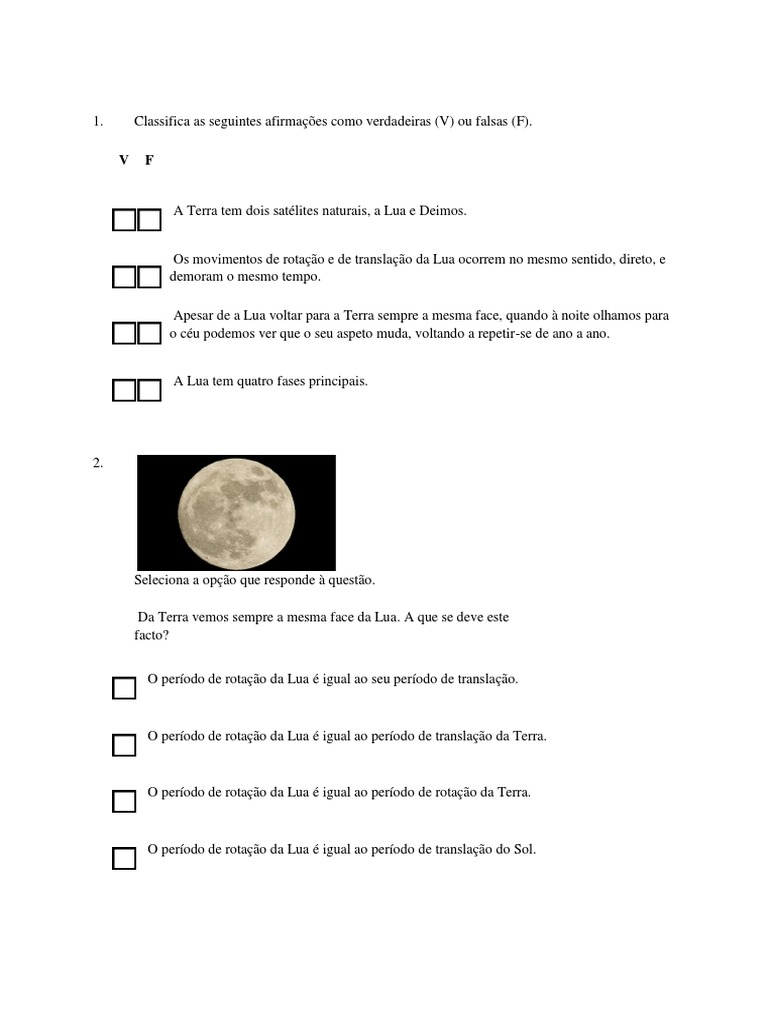Fases e Movimento da Lua: Verdadeiro ou Falso? | PDF | Lua | Terra