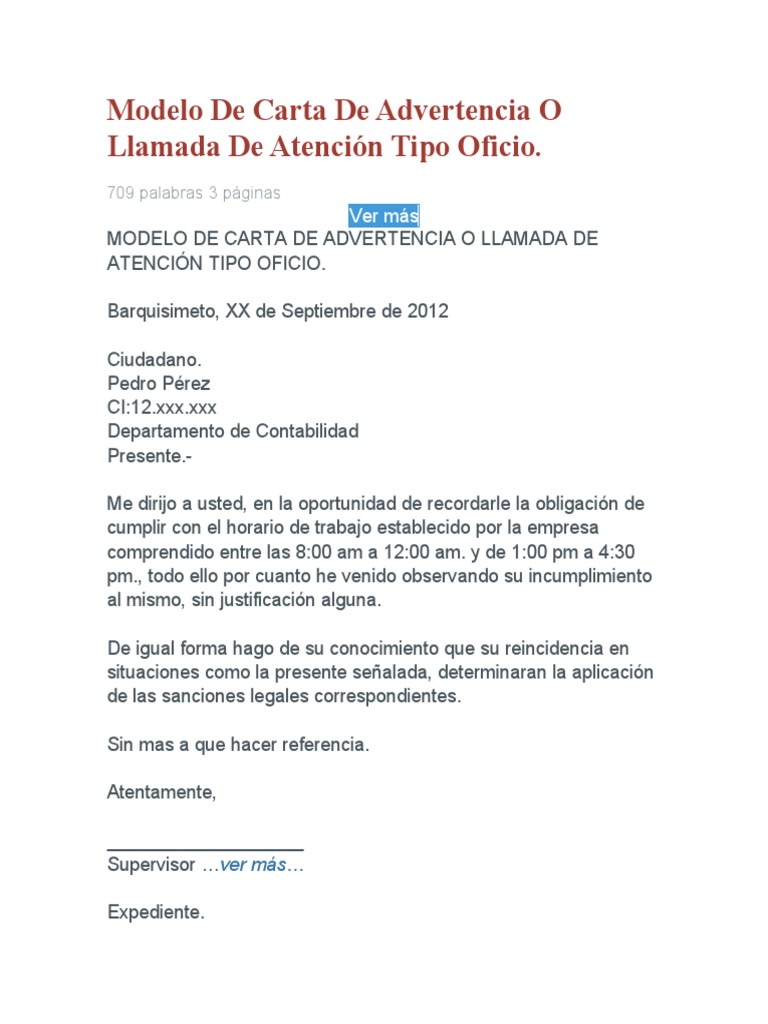 Modelo De Carta De Advertencia O Llamada De Atención Tipo Oficio | PDF